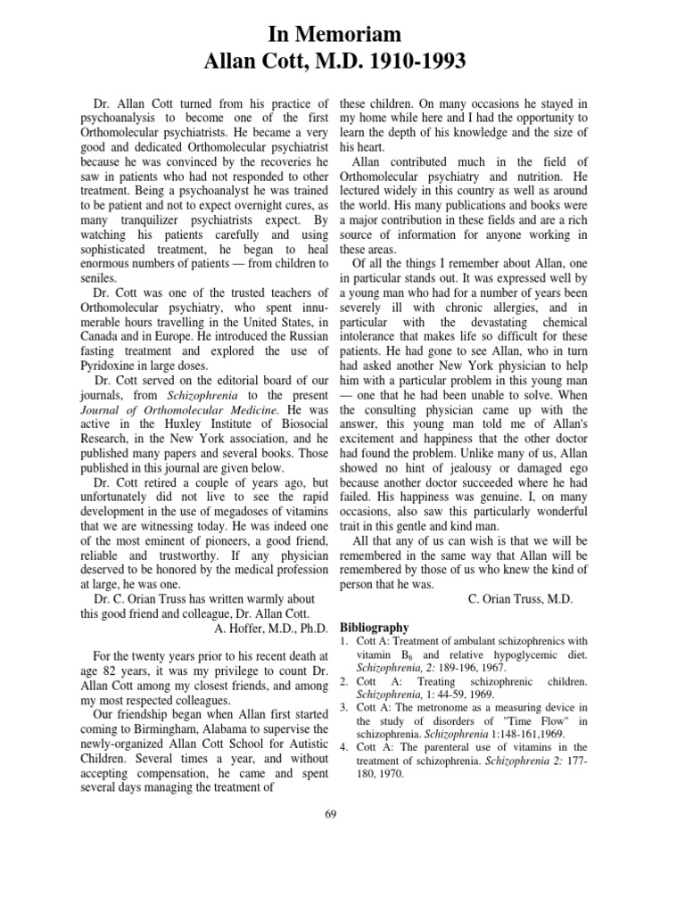 In Memoriam Allan Cott, M.D. 1910-1993: Journal of Orthomolecular ...