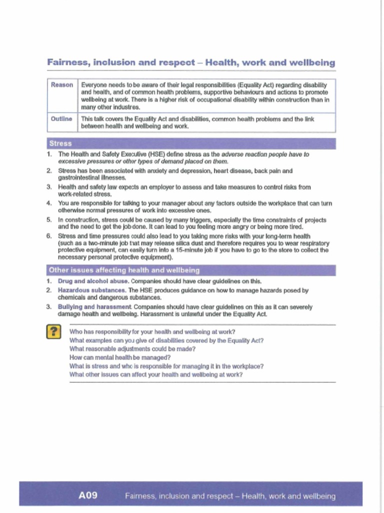 A09 Fairness, Inclusion, Respect - Health, Work, Wellbeing | PDF