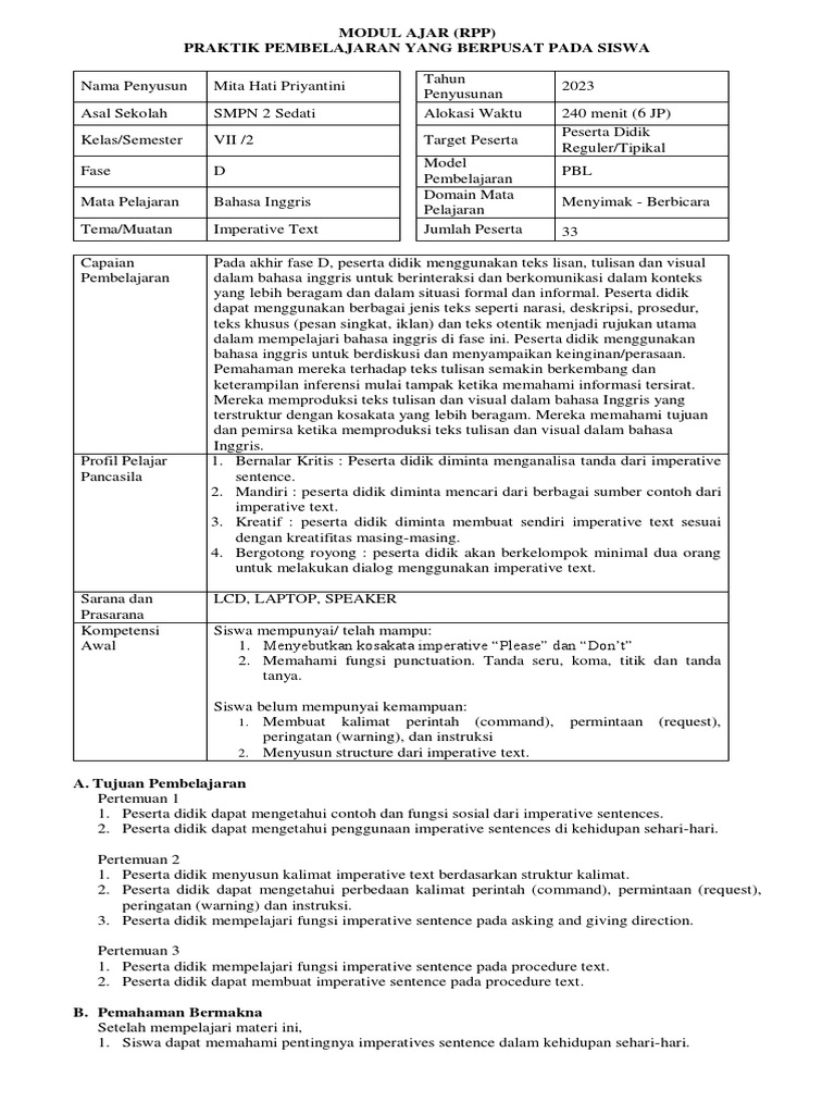 Modul Ajar Imperative Sentence Kelas 7 | PDF