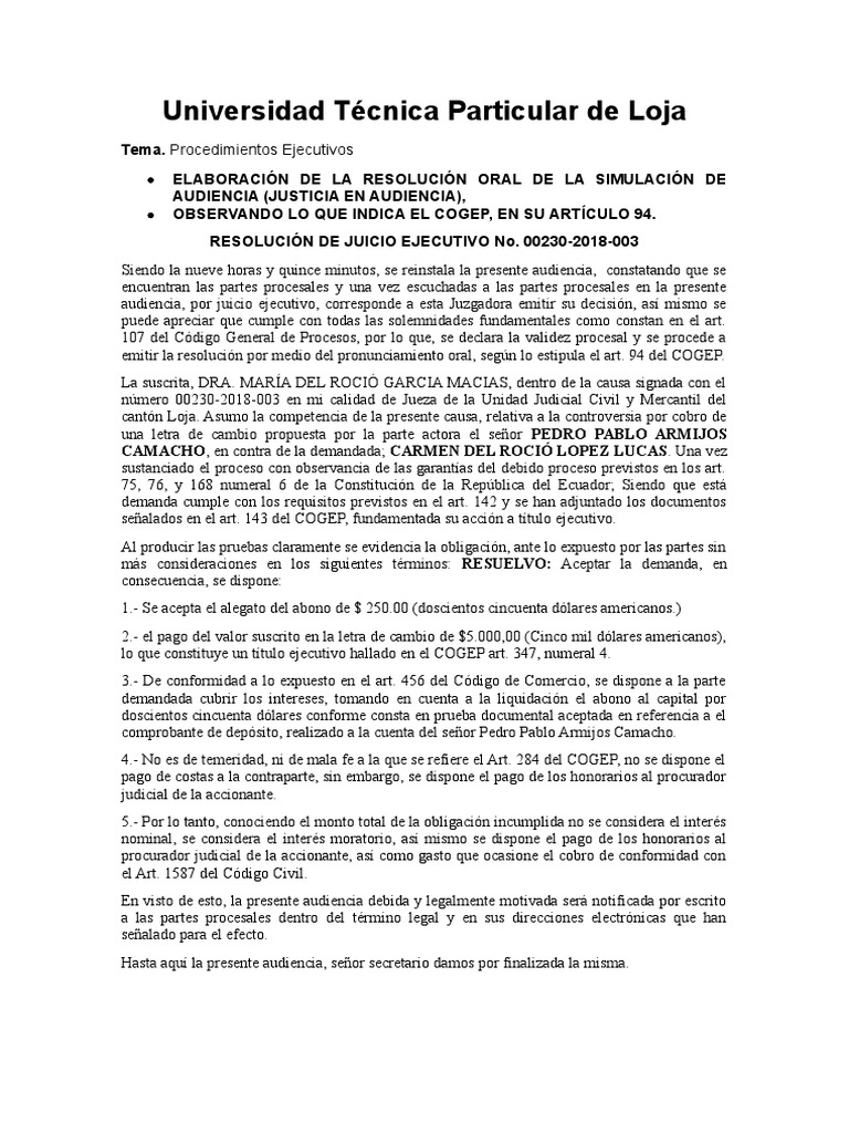Resolucion Procedimiento Ejecutivo Letra de Cambio-2023 | PDF | Debido ...