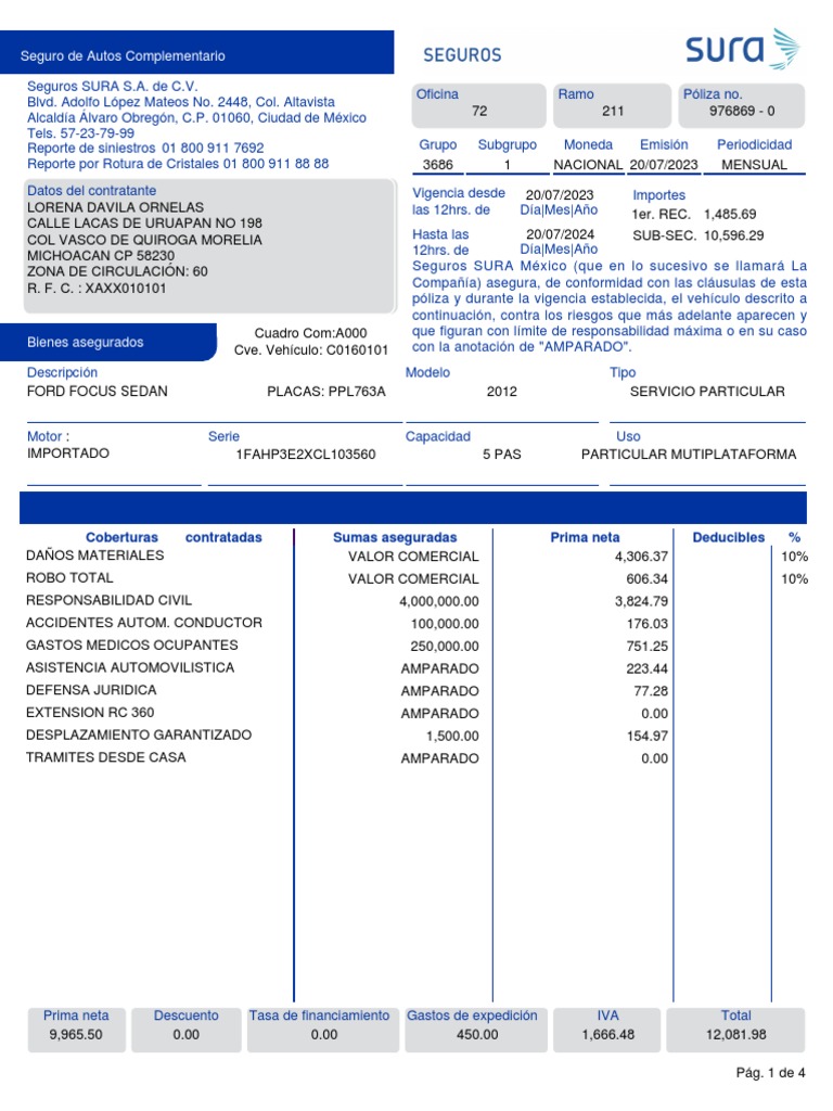 Póliza de Seguro de Autos SURA | PDF | Póliza de seguros | Seguro