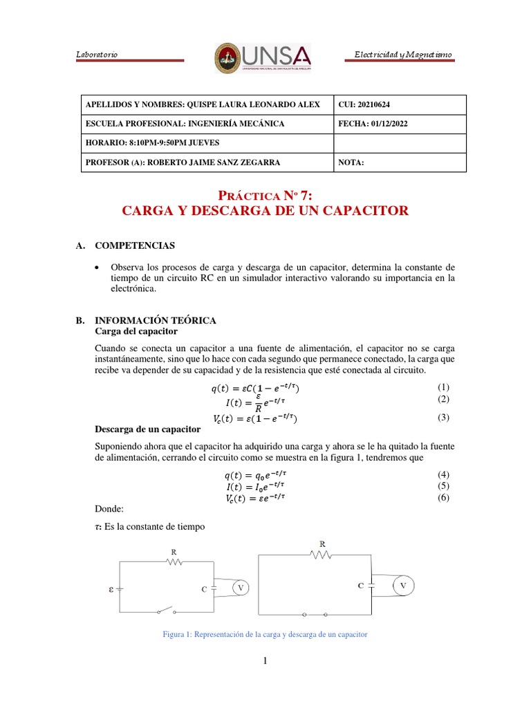 GUIA 7 CARGA y DESCARGA de Un CAPACITOR-QUISPE LAURA LEONARDO ALEX | PDF | Condensador ...