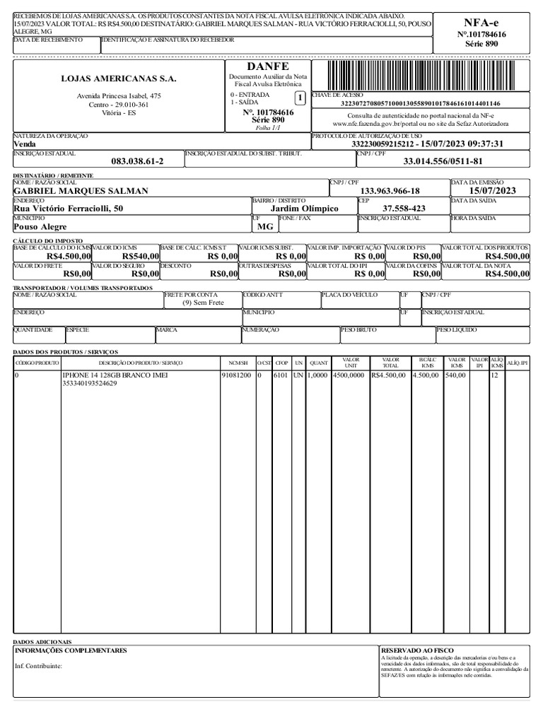 Danfe | Download grátis PDF | Recibo