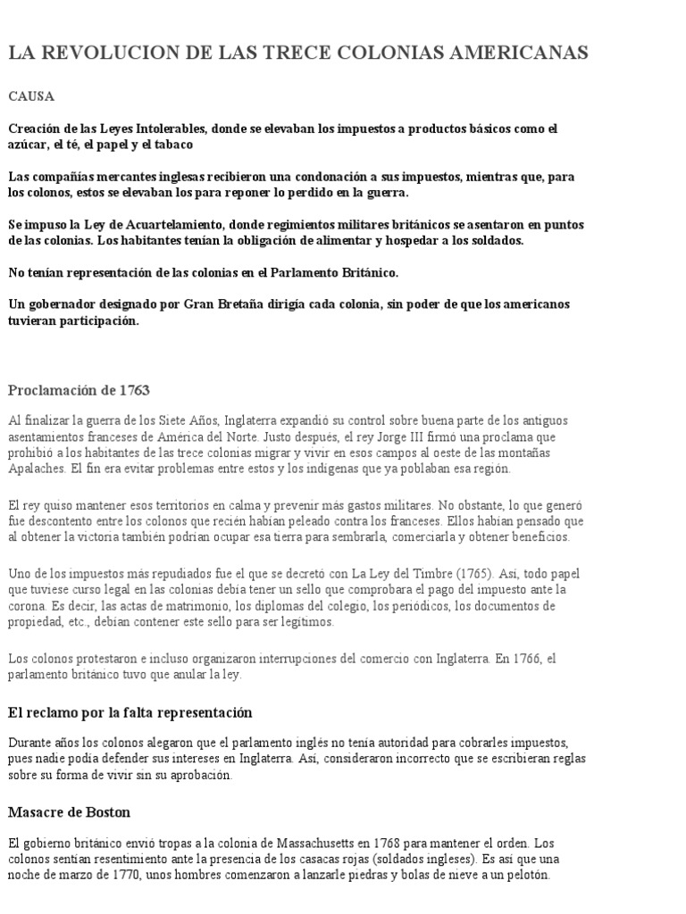 La Revolucion De Las Trece Colonias Americanas Pdf Declaración De