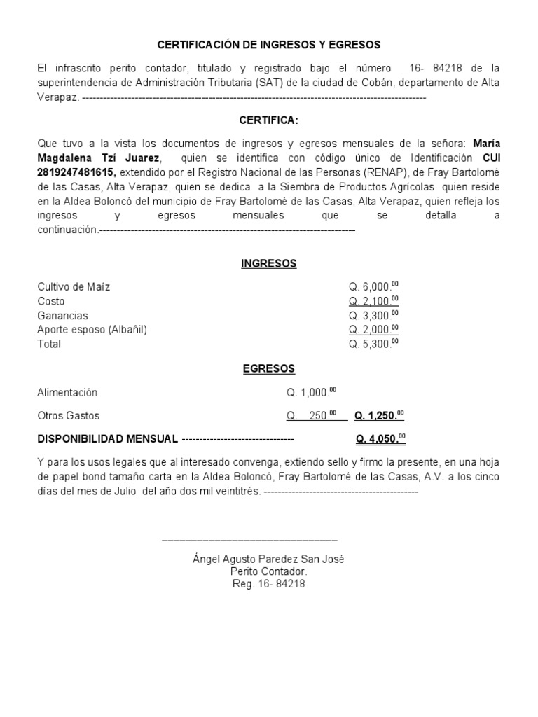 Certificación de Ingresos y Egresos | PDF | Economias | Agricultura