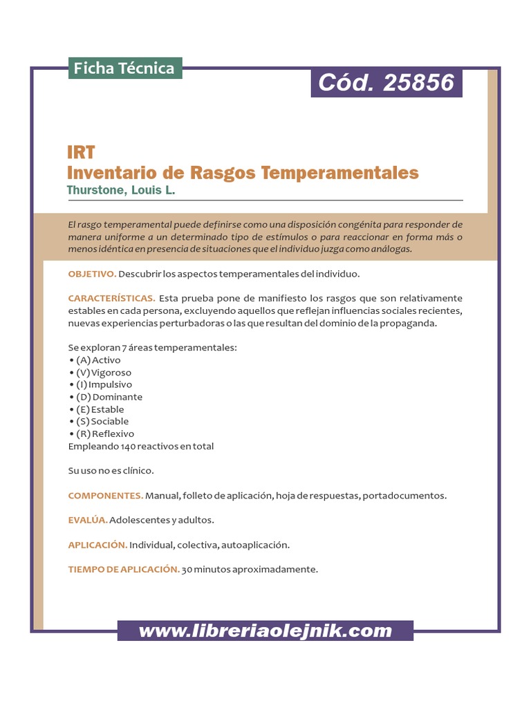 IRT Inventario de Rasgos Temperamentales: Ficha Técnica | PDF