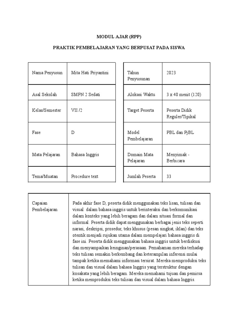 Modul Ajar (RPP) Procedure Text | PDF