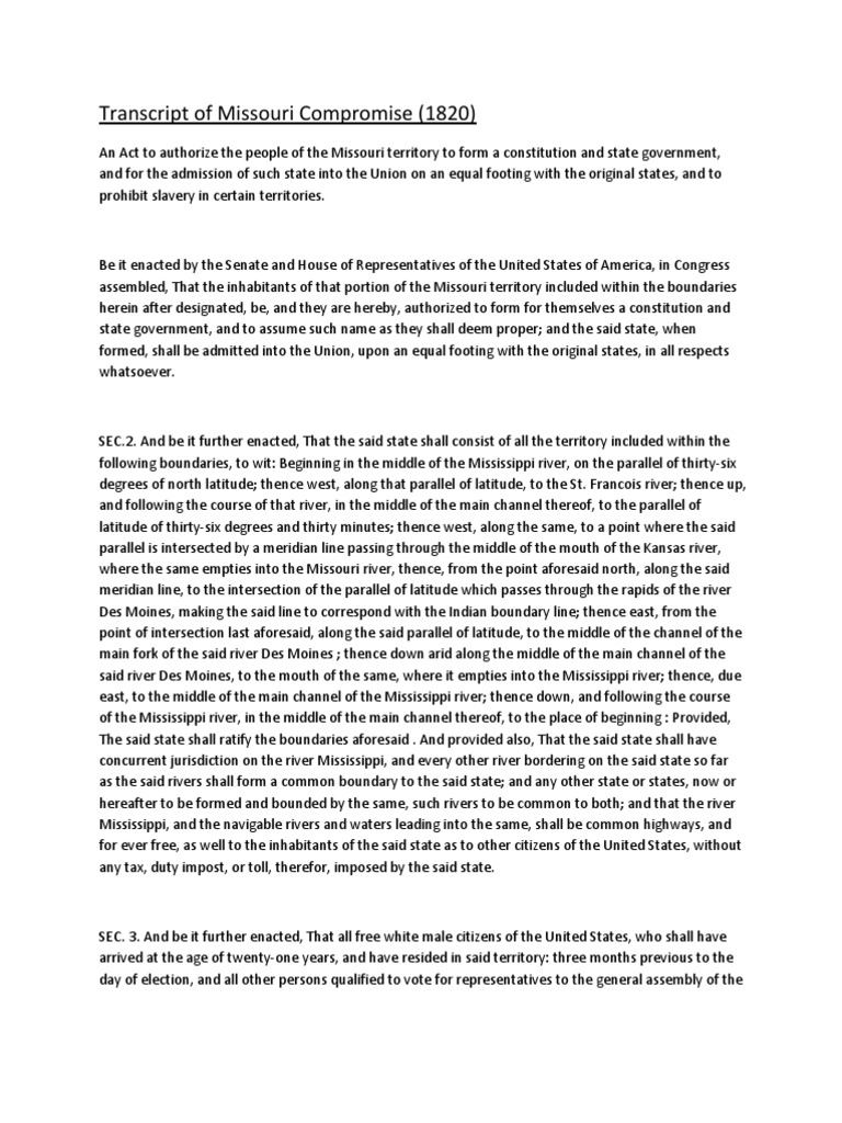 Transcript of Missouri Compromise | PDF | Missouri | Mississippi River