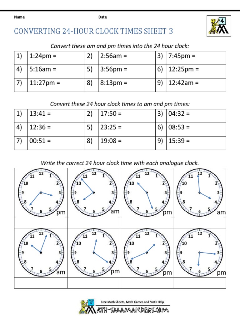 24-Hour Clock Conversion Worksheet | PDF