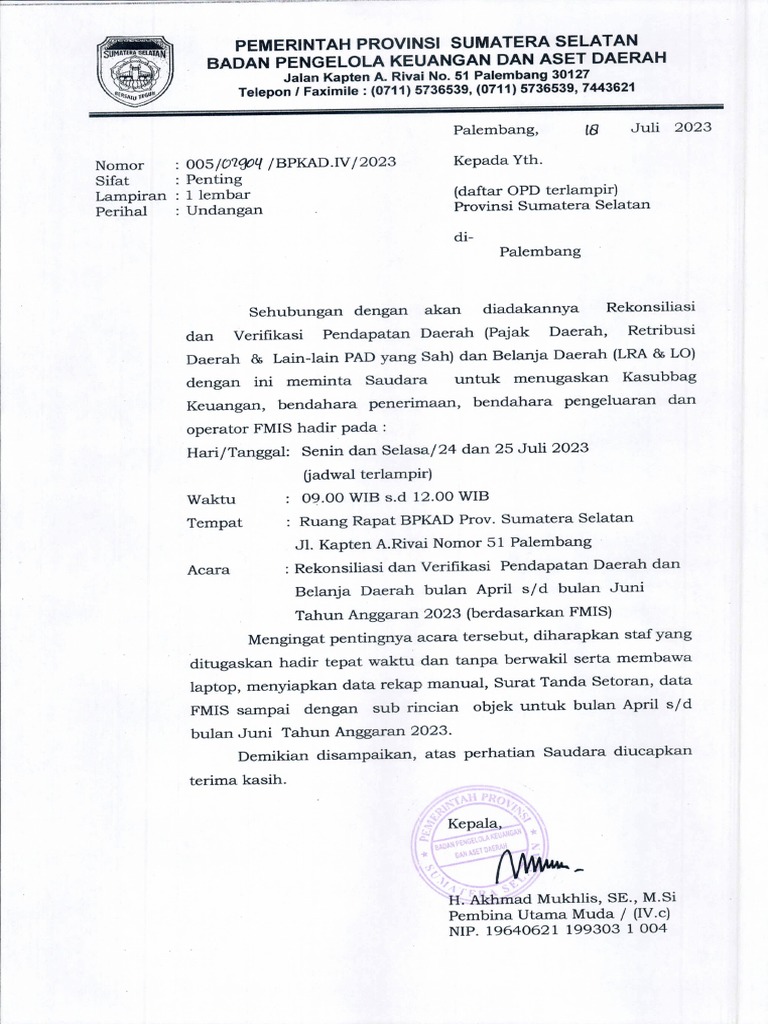 Undangan Rekonsiliasi Dan Verifikasi Pendapatan Daerah BLN April SD Juni Ta 23 (Berdasarkan Fmis ...