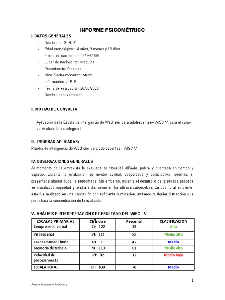 Informe-Psicométrico Wisc-V | PDF | Cociente de inteligencia | Inteligencia
