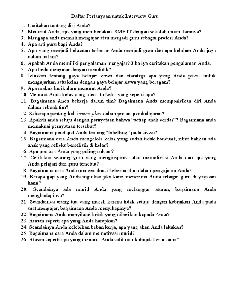 Daftar Pertanyaan Untuk Interview Guru | PDF