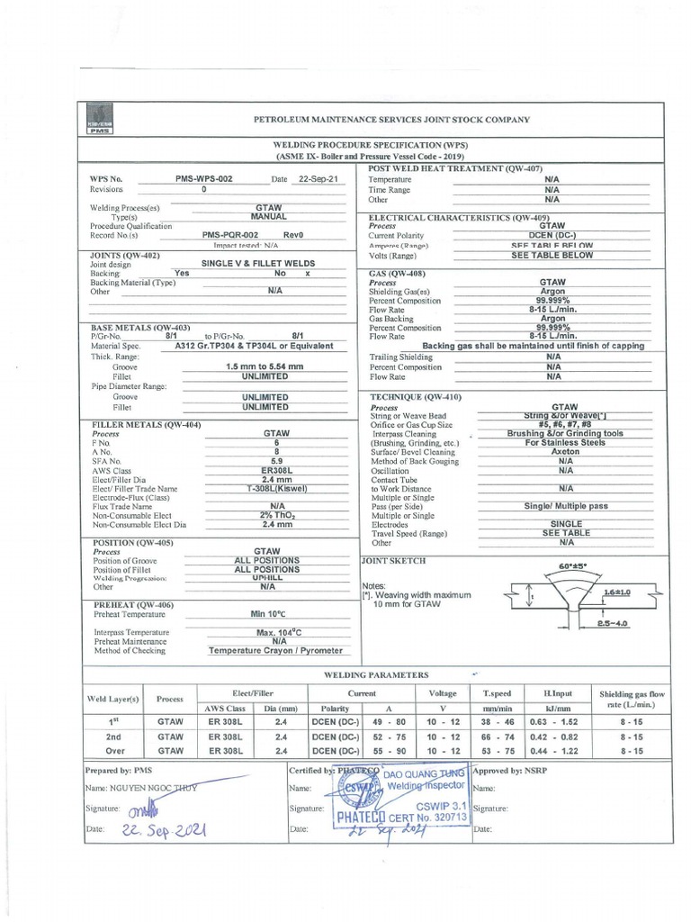 PMS-WPS-002 Welding Procedure Specification (WPS) For A312 Gr.304, Gr.304L & Equivalent | PDF