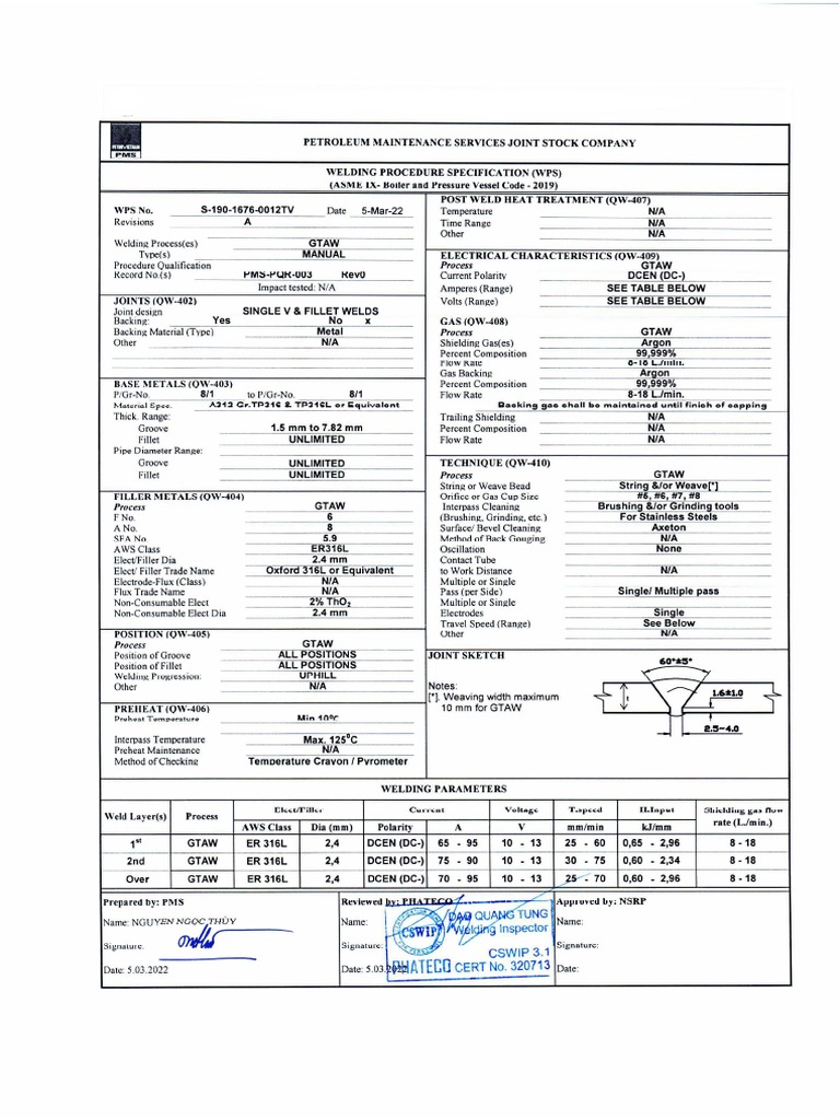 S-190-1676-0012TV Welding Procedure Specification (WPS) For A312 GR ...