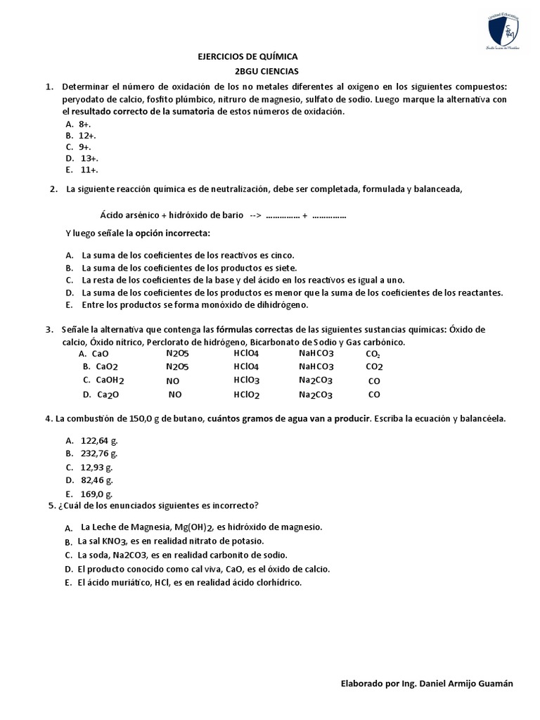 Ejercicios de Química para 2BGU | PDF | Ácido | Ácido clorhídrico