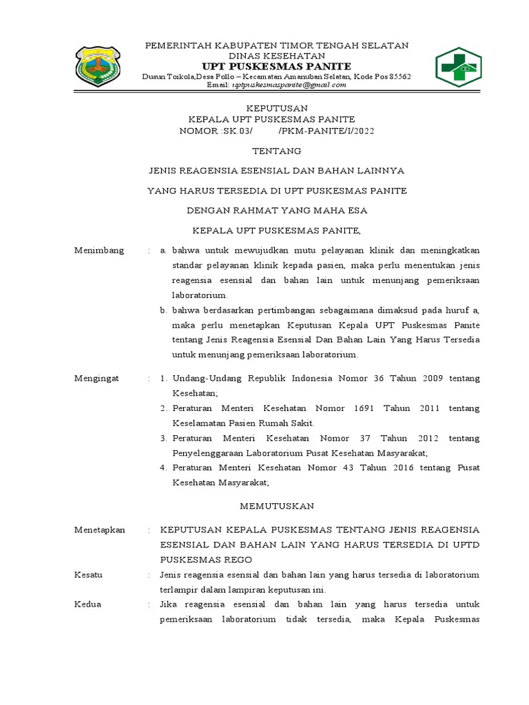 SK Jenis Reagensia Esensial Dan Bahan Lain Yang Harus Tersedia | PDF