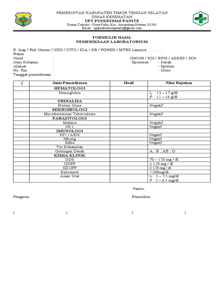 Formulir Hasil Lab Puskesmas | PDF
