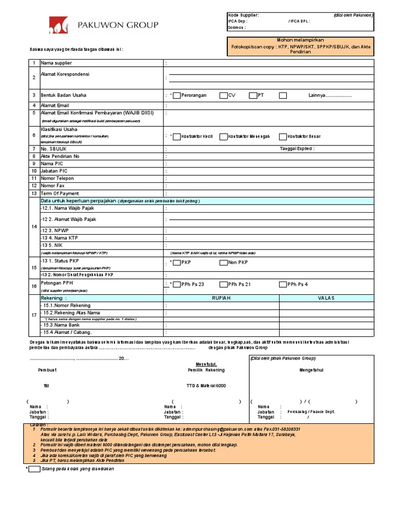 Formulir Data Supplier Pakuwon | PDF