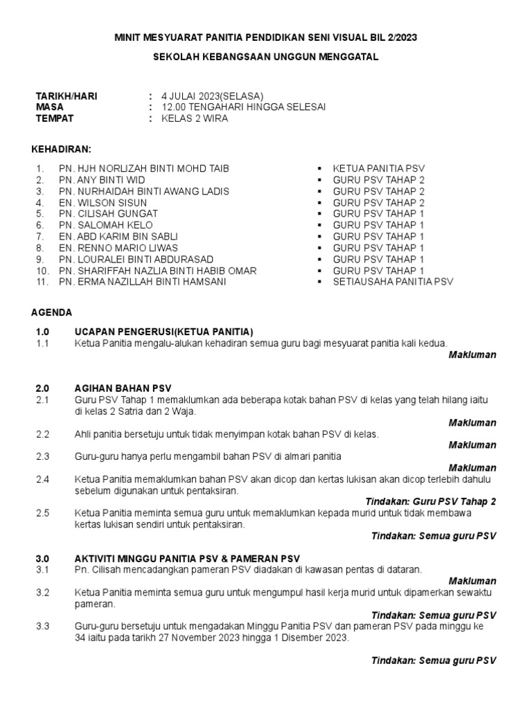 Minit Mesyuarat Panitia Pendidikan Seni Visual Bil 2 - 2023 | PDF