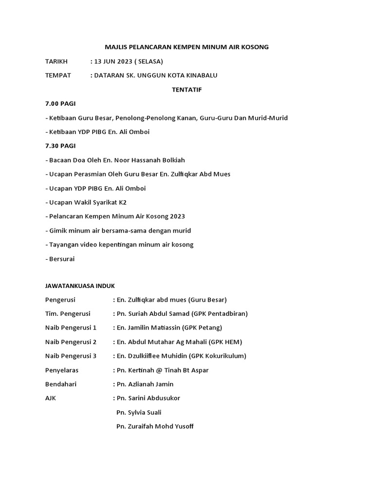 Tentatif Majlis Pelancaran Kempen Minum Air Kosong | PDF