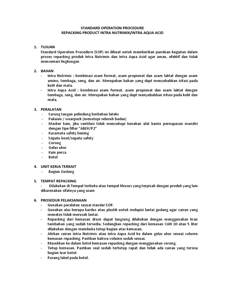 SOP Repacking Produk Intra Nutrimix | PDF | Teknologi & Rekayasa