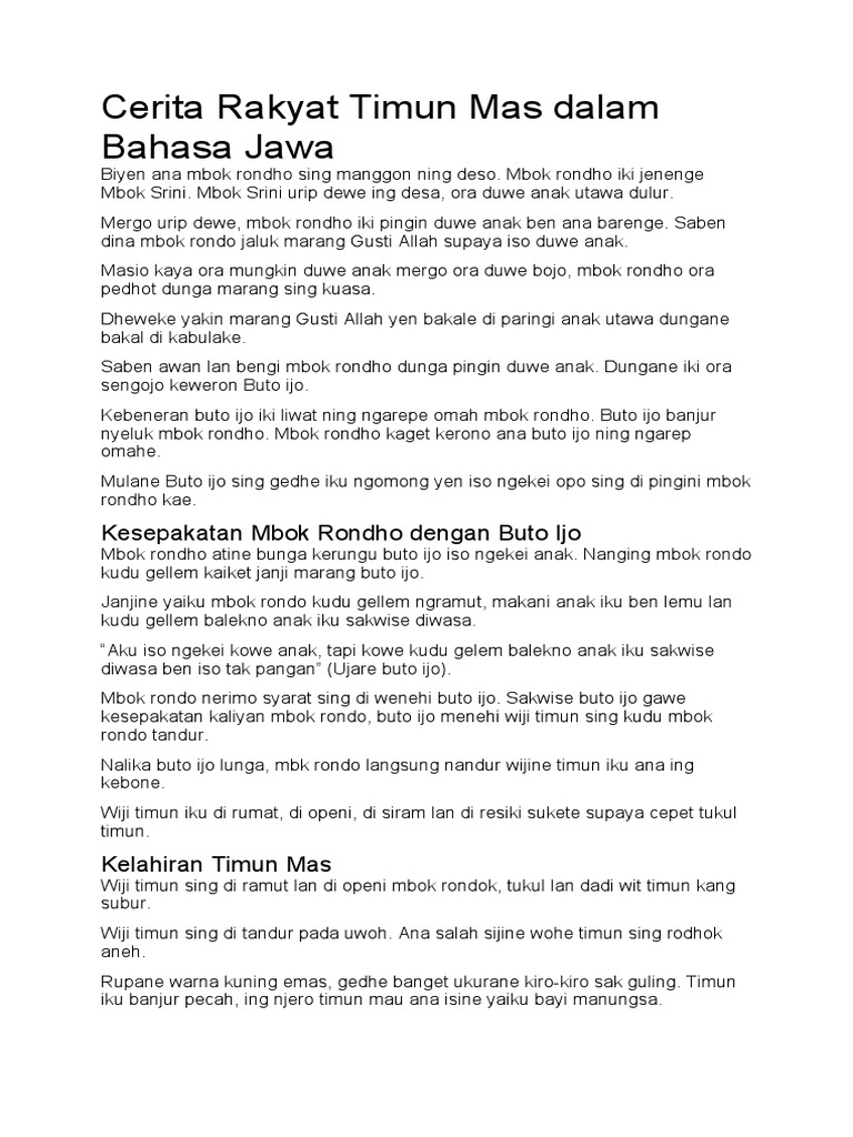 Cerita Rakyat Timun Mas Dalam Bahasa Jawa | PDF