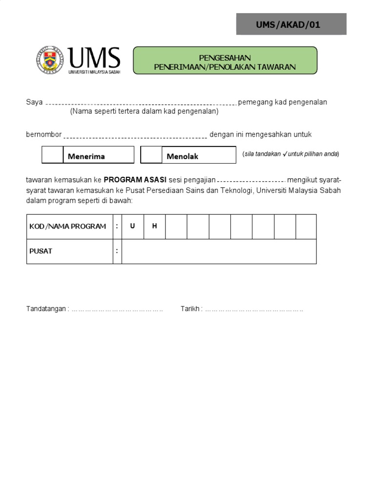 UMS/AKAD/01: Pengesahan Penerimaan/Penolakan Tawaran | PDF