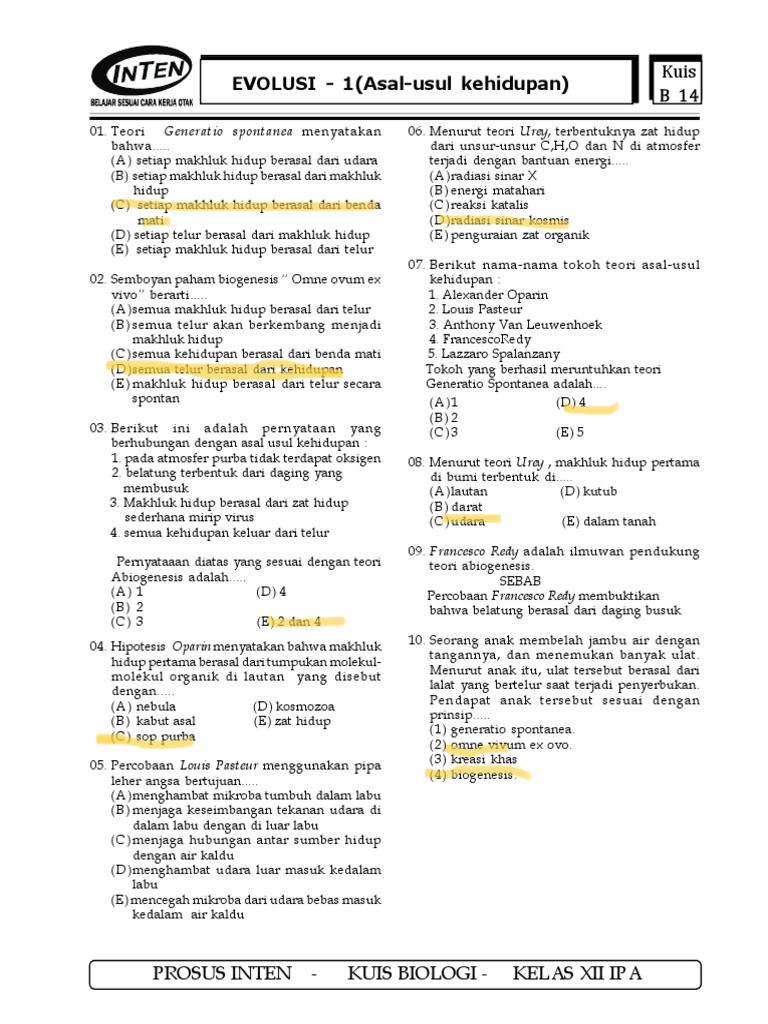 Kuis Bio 14 Evolusi-1 2020 | PDF