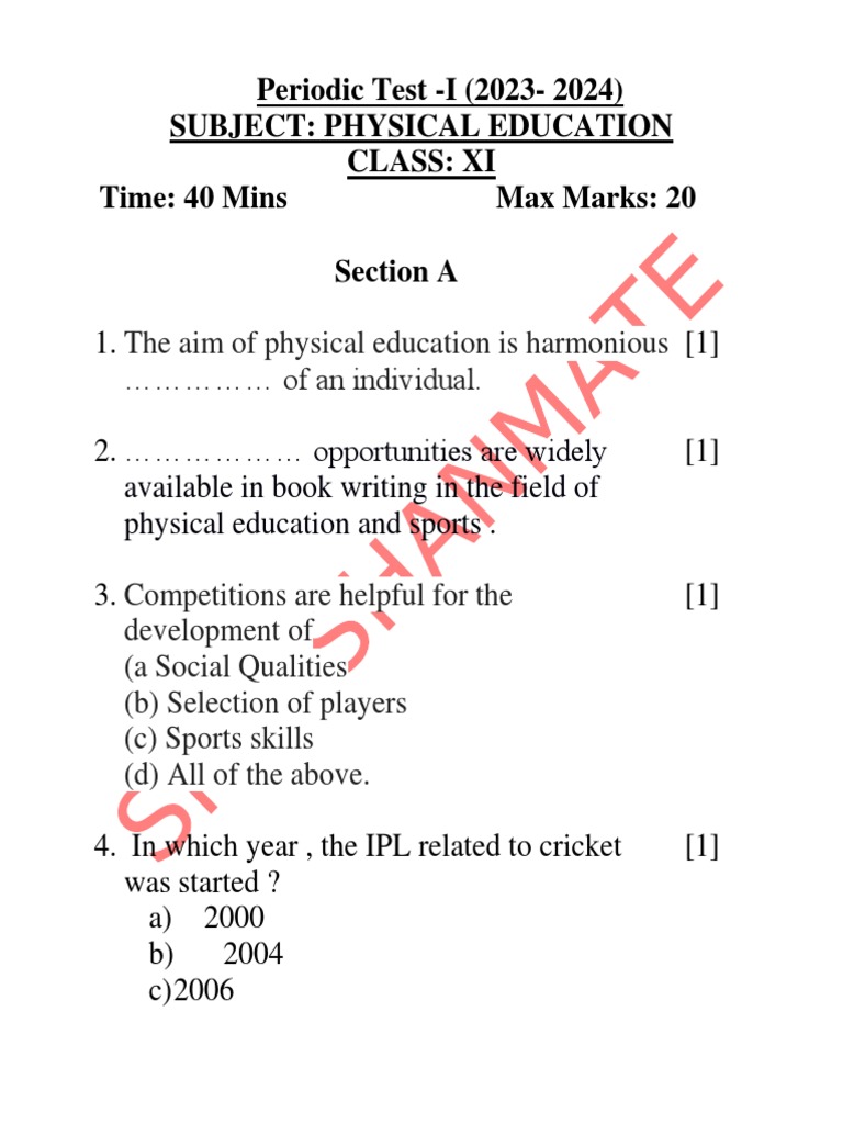 CLASS-XI PHYSICAL EDUCATION FIRST PERIODIC TEST QP | PDF