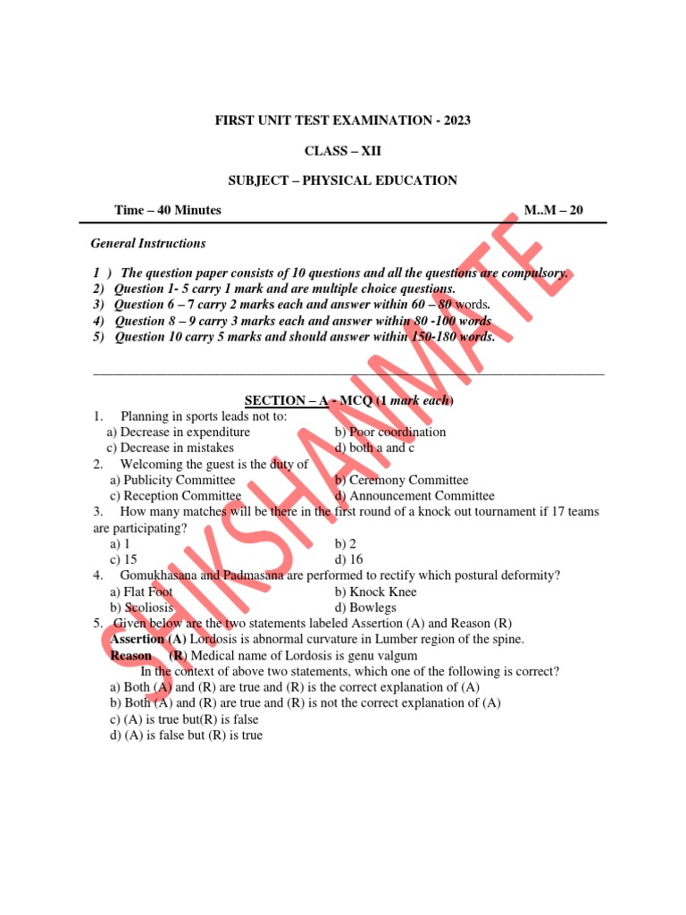 Class-Xii Physical Education First Periodic Test QP | PDF ...
