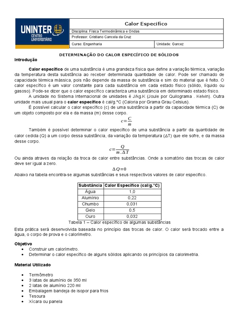 ATIVIDADE PRATICA - Modulo CII - 2021 - Fisica Termodinamica e Ondas - Calor Especifico de ...