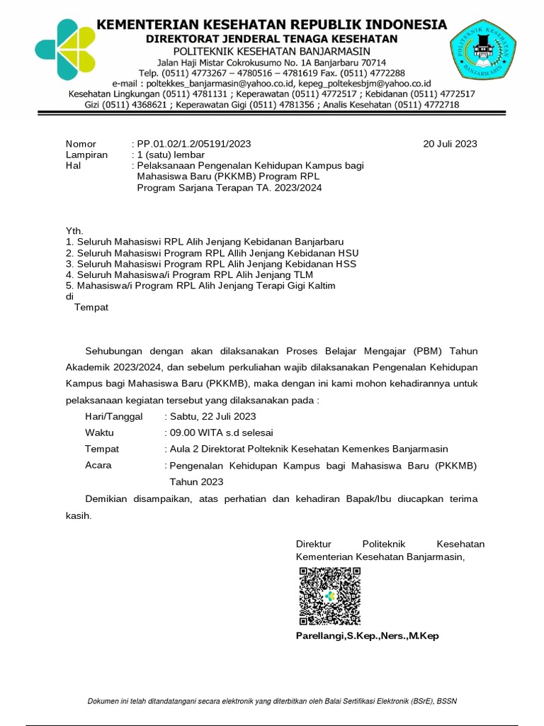Surat PKKMB RPL Yg Di Poltekkes BJM | PDF