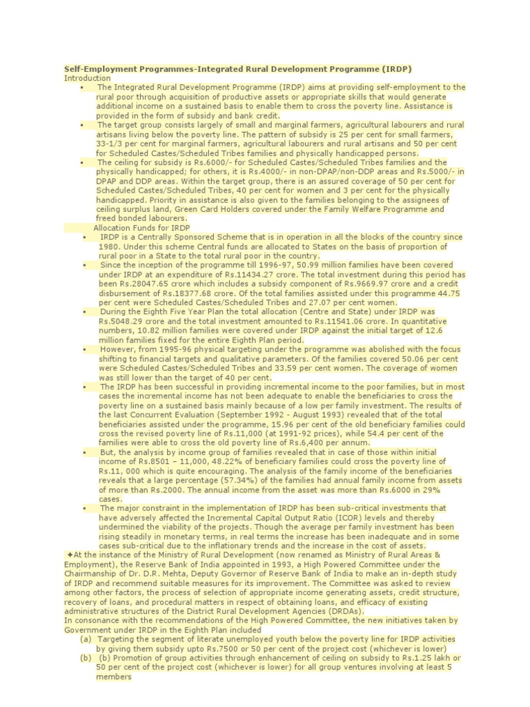 Self-Employment Programmes-Integrated Rural Development Programme (IRDP ...