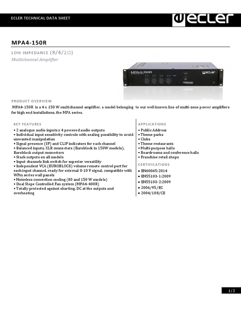 Ecler MPA4-150R Data Sheet | PDF | Amplifier | Information And ...