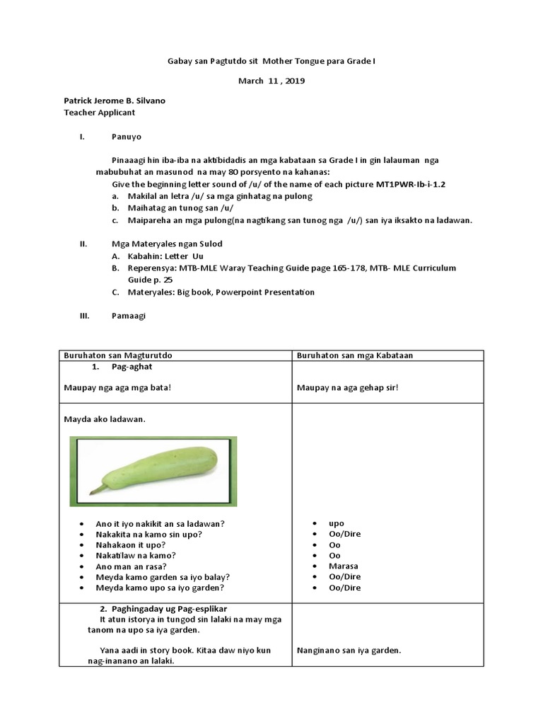 A Detailed Lesson Plan in Mother Tongue Grade I | PDF