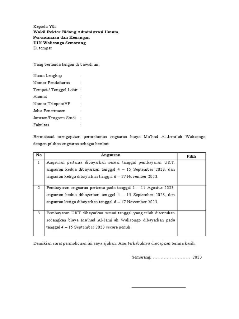 Permohonan Angsuran Biaya Mahad 2023 | PDF