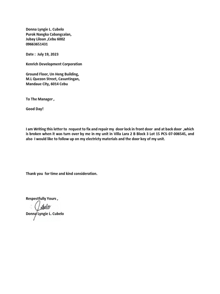 Door Lock Repair Request Letter | PDF