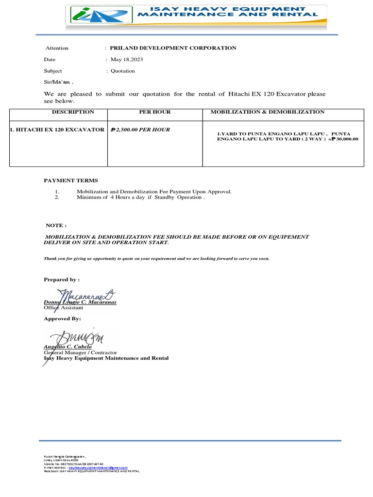 QUOTATION HITACHI EX 120 EXCAVATOR Priland | PDF | Business ...