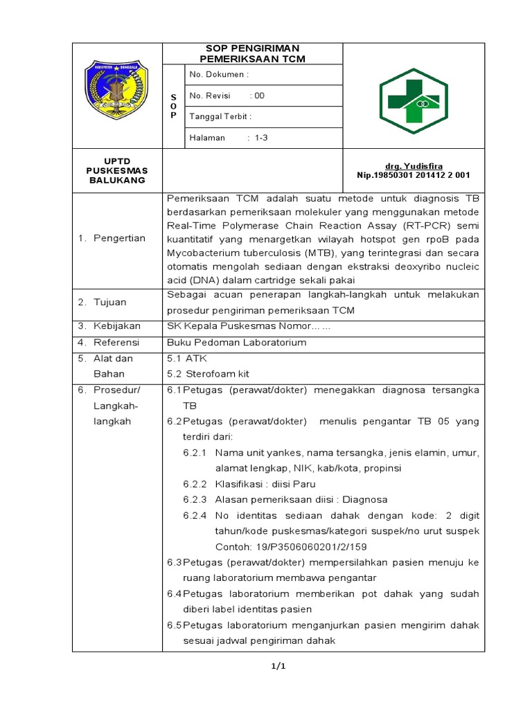 Budi Agung SOP BAB 4.4.1.5.1.a Prosedur Pengiriman Pemeriksaan TCM | PDF