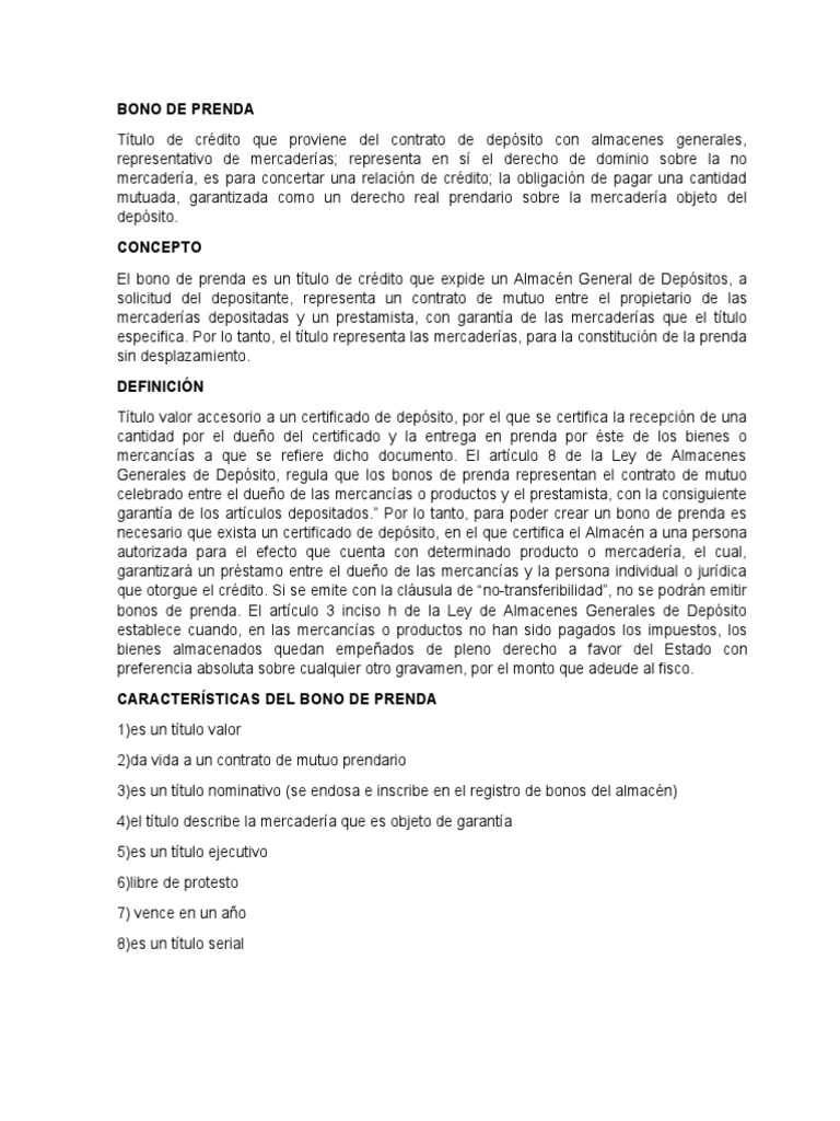 Definición y características del bono de prenda | PDF | Finanzas y dinero