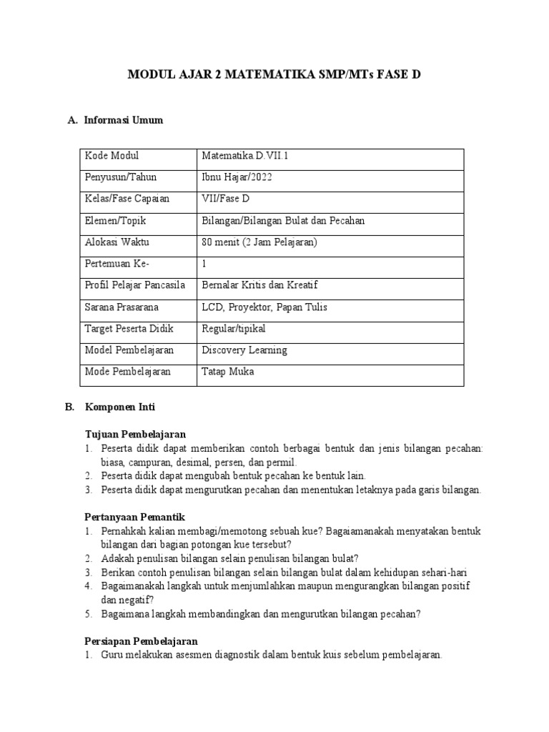 Modul Ajar Matematika SMP Kelas Vii Bab 2 - Revisi | PDF | Karier & Perkembangan