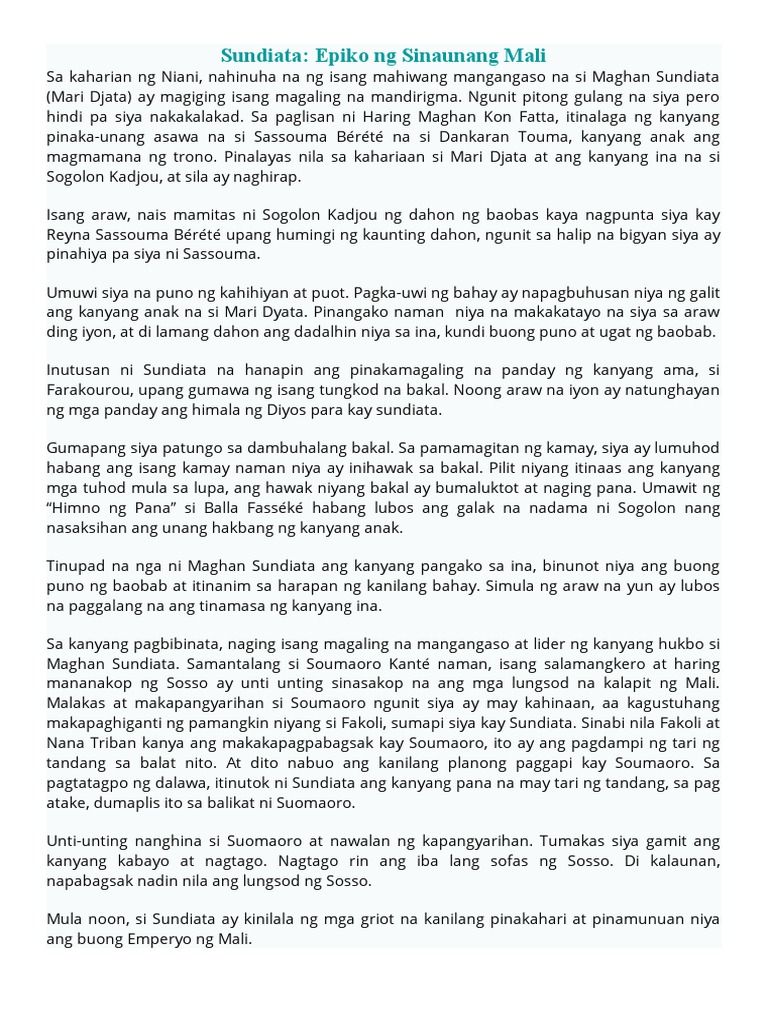 Kopa NG Buod NG Sundiata Epiko NG Sinaunang Mali | PDF