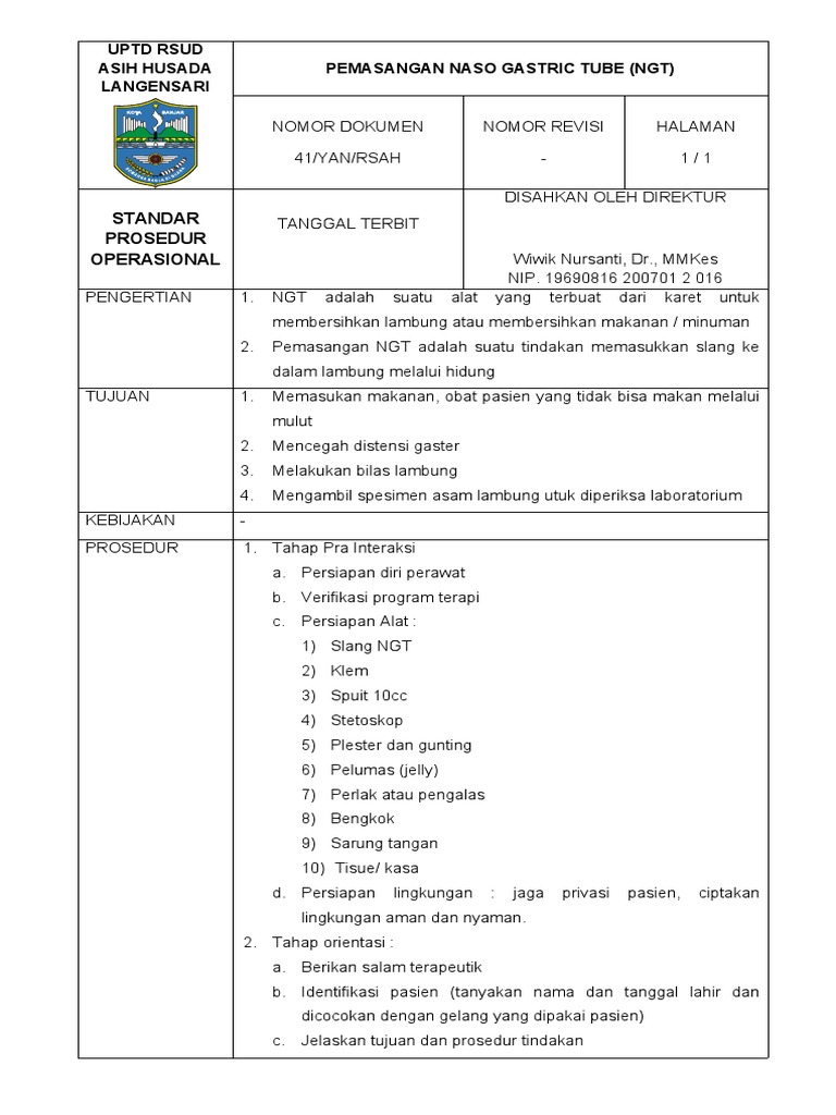 SOP Pemasangan NGT, OGT Dan Pemberian Makan | PDF