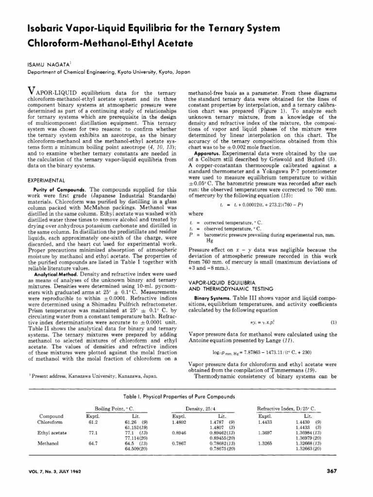Nagata1962. VLE Isobaric Chloroform-Methanol-Ethyl Acetate | PDF ...
