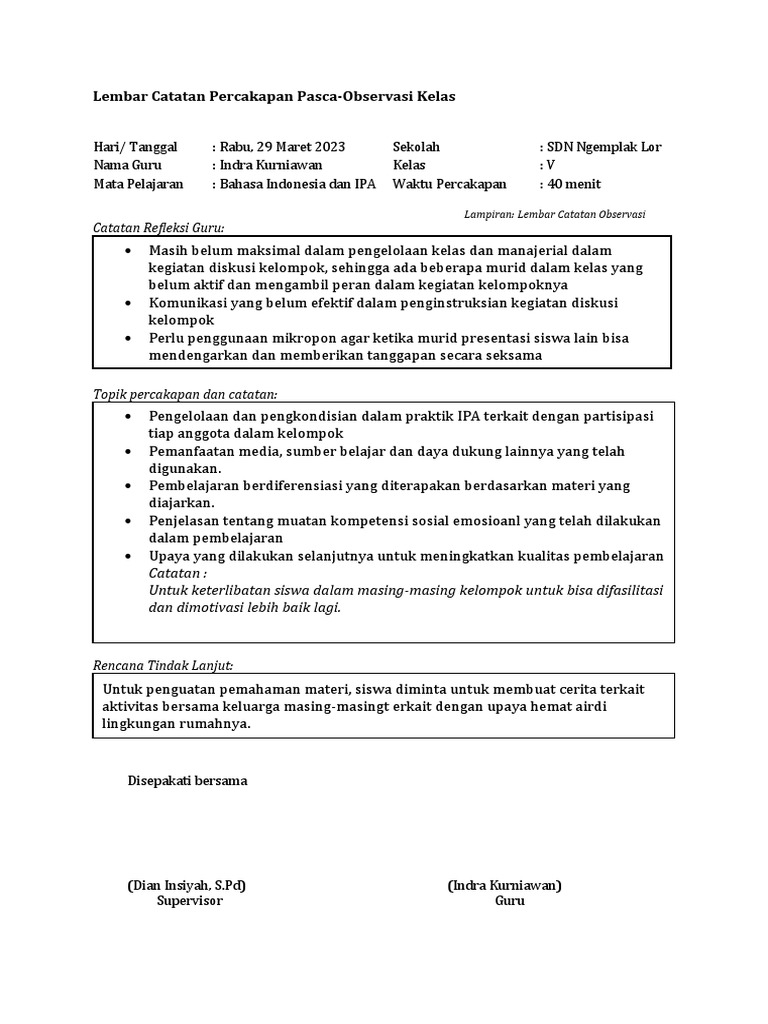 Lampiran 6 - Lembar Catatan Percakapan Pasca-Observasi Kelas | PDF | Karier & Perkembangan ...