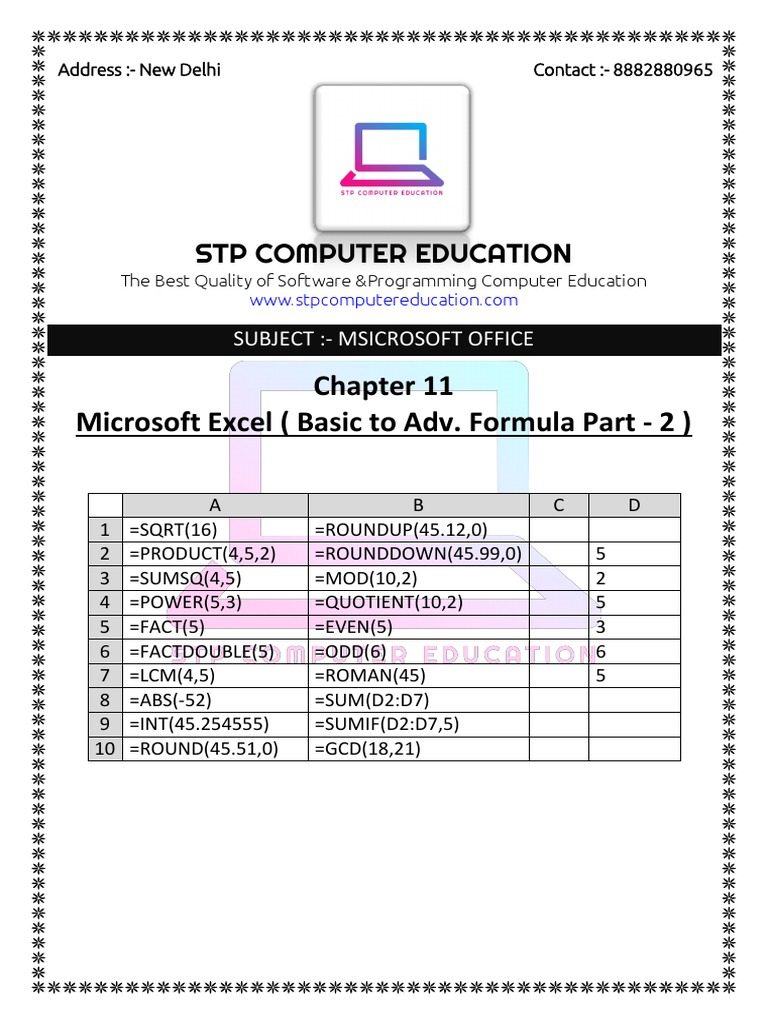 Chapter - 11 Microsoft Excel (Basic To Adv. Formula Part - 2) | PDF ...