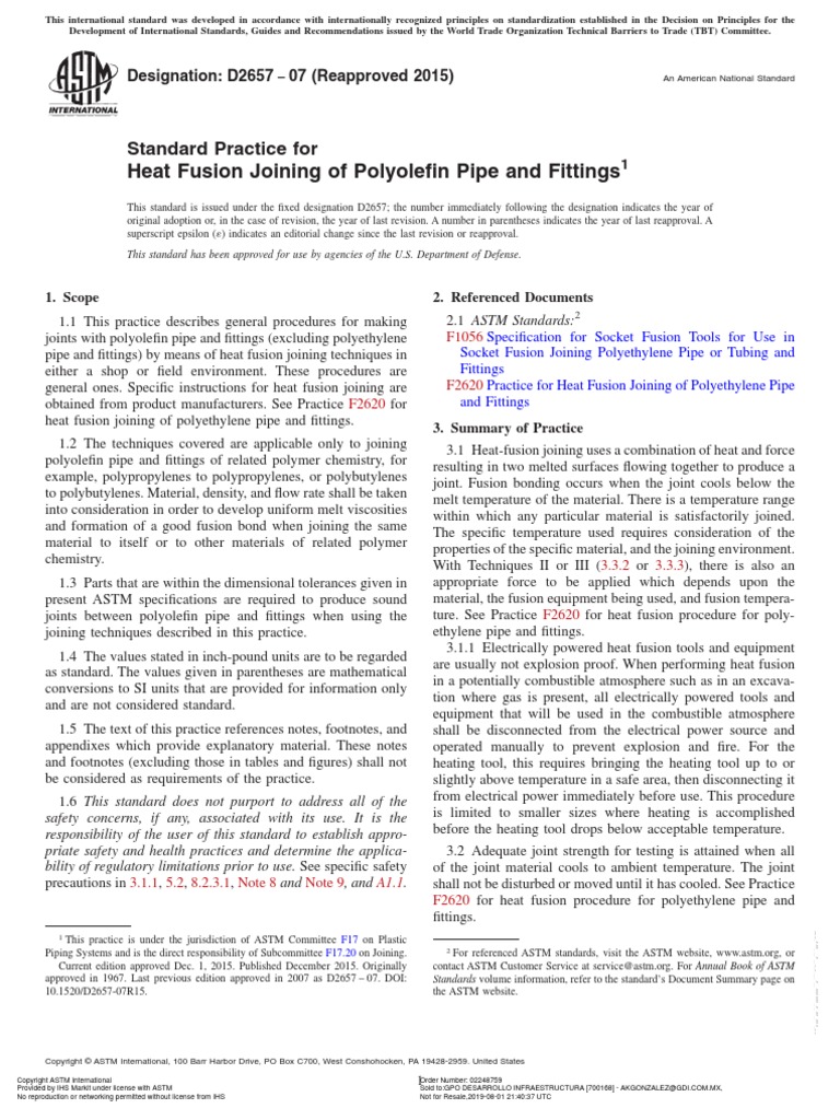 Astm D2657 | PDF | Pipe (Fluid Conveyance) | Melting