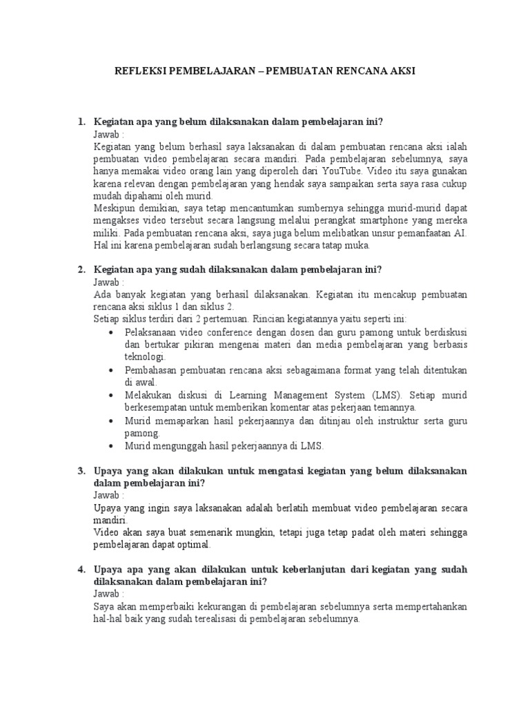 Rusli - Firmansyah - PGSD - REFLEKSI - PEMBUATAN RENCANA AKSI | PDF | Karier & Perkembangan ...