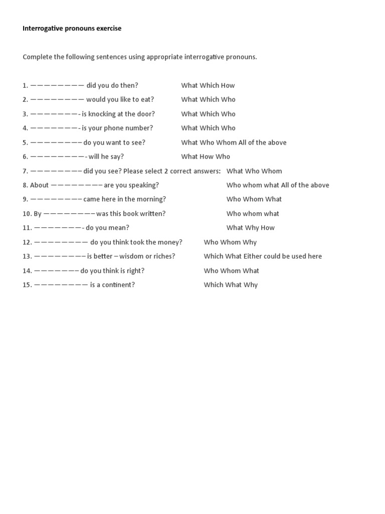 Interrogative Pronouns Exercise | PDF