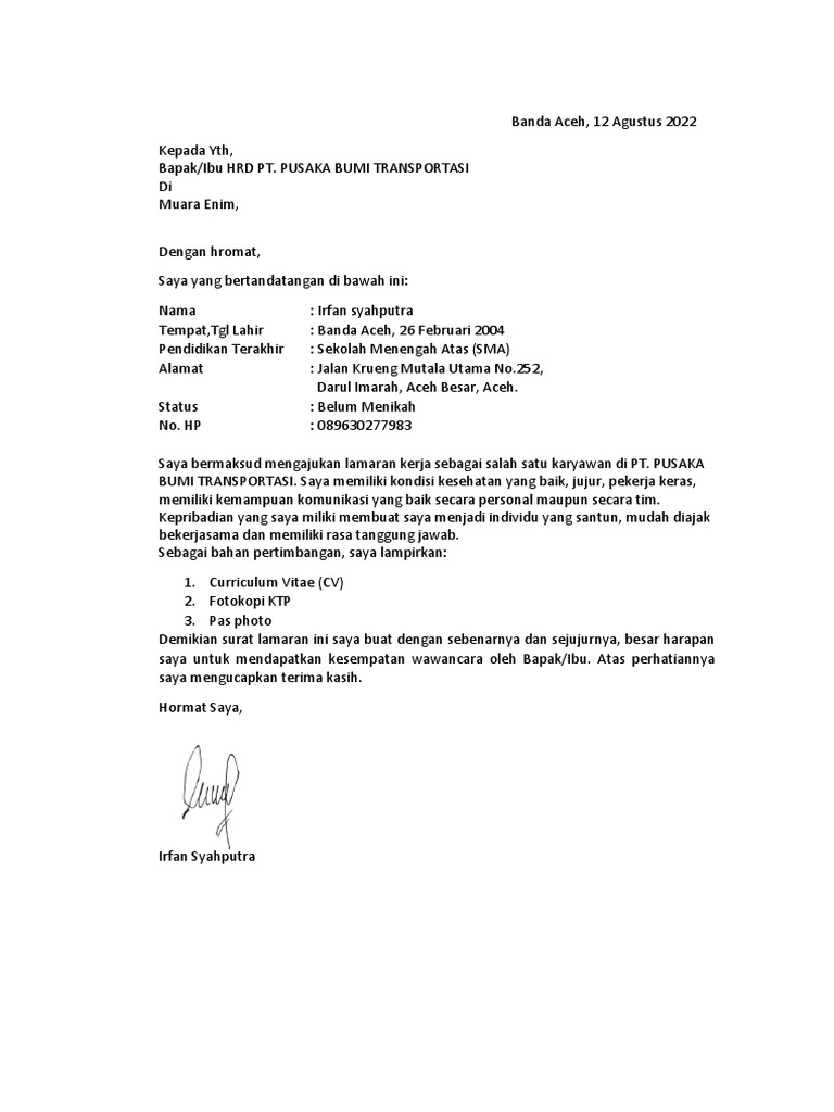 Lamaran Kerja Irfan Syahputra | PDF